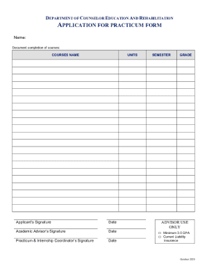 Fillable Online APPLICATION FOR PRACTICUM FORM Fax Email Print - pdfFiller