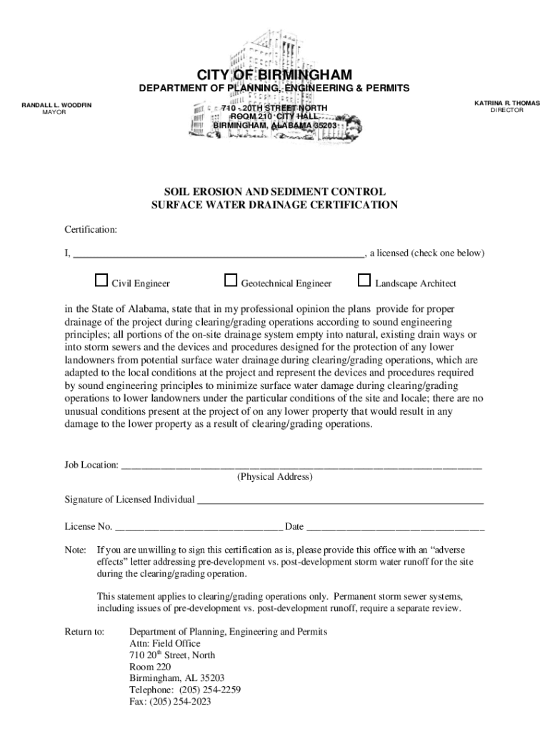 Fillable Online Surface Water Drainage Certification - CITY OF ...