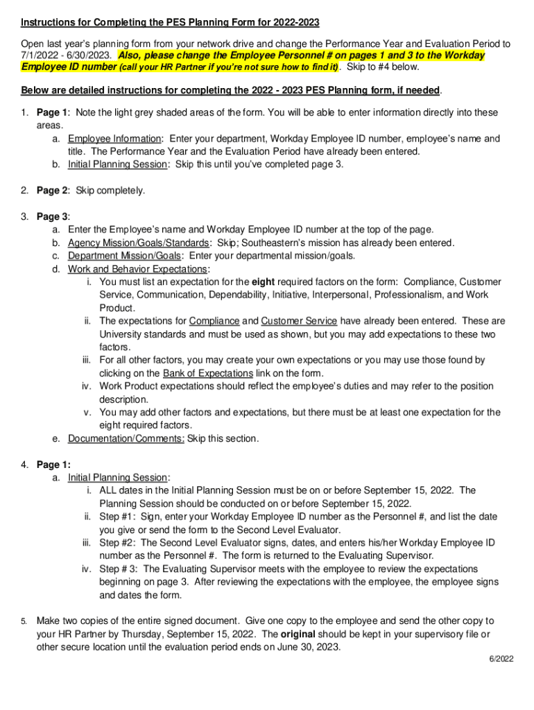 Fillable Online Instructions for Completing the PES Planning Form for ...