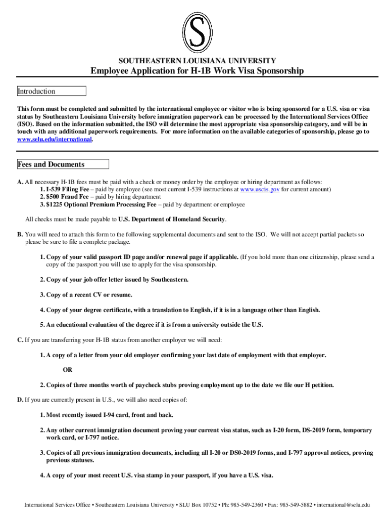 Fillable Online Department Application for H-1B Work Visa Sponsorship ...