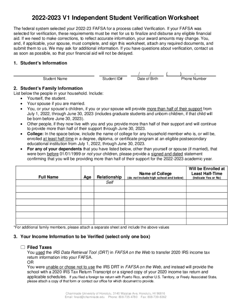Fillable Online 2022-2023 STANDARD VERIFICATION WORKSHEET (V1, V5) Fax Email Print - pdfFiller