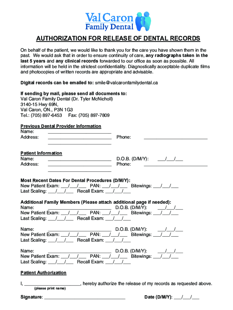 Fillable Online AUTHORIZATION FOR RELEASE OF DENTAL RECORDS Fax Email ...