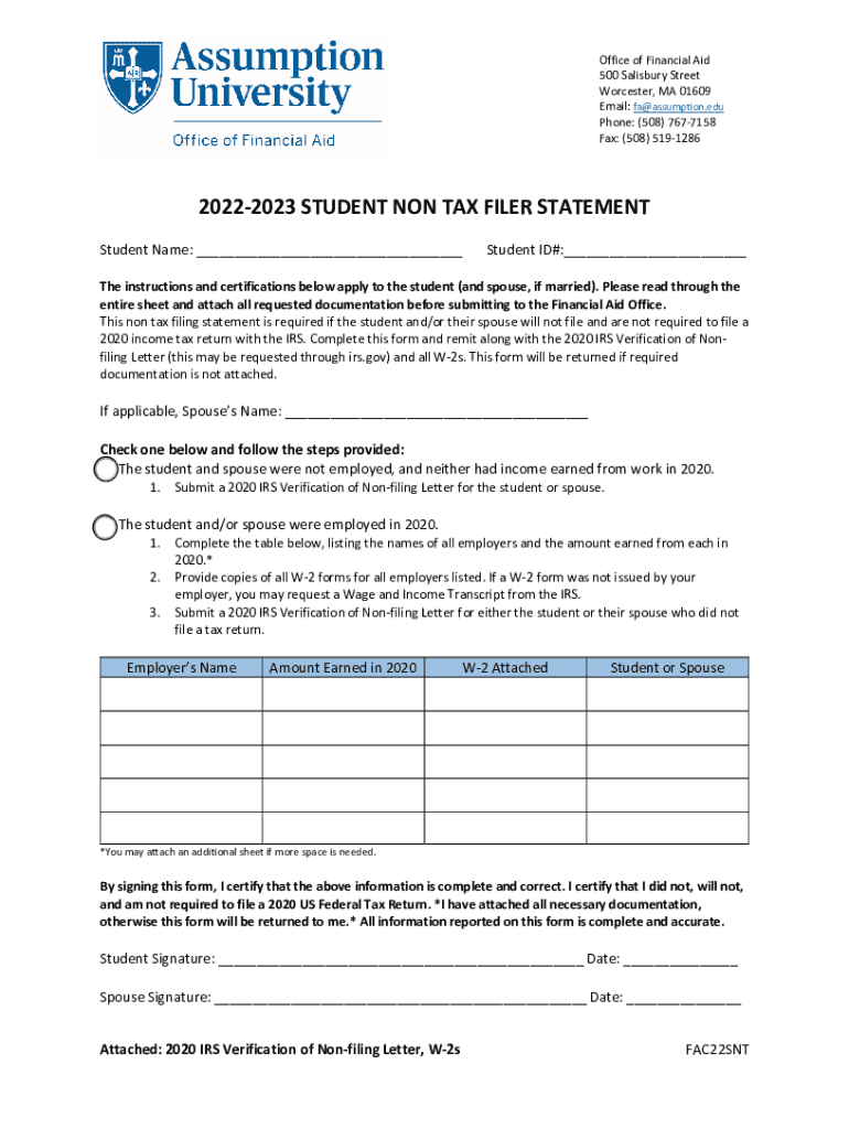 Fillable Online 2022-2023 STUDENT NON TAX FILER STATEMENT Fax Email ...