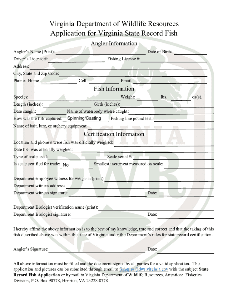 Fillable Online Application for Virginia State Record Fish Fax Email ...