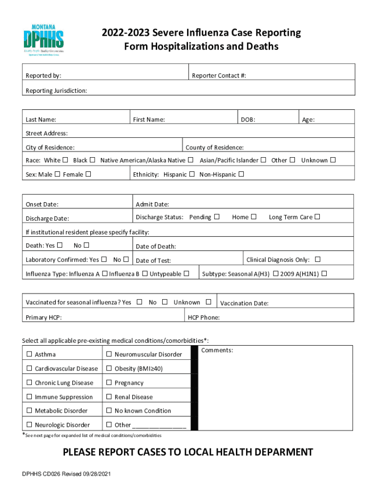 Fillable Online dphhs mt Severe Influenza Case Reporting form ...
