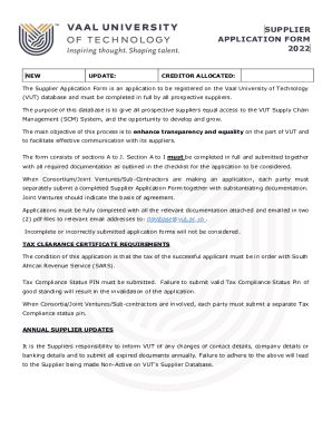 Fillable Online Supplier application form - Vaal University of ...