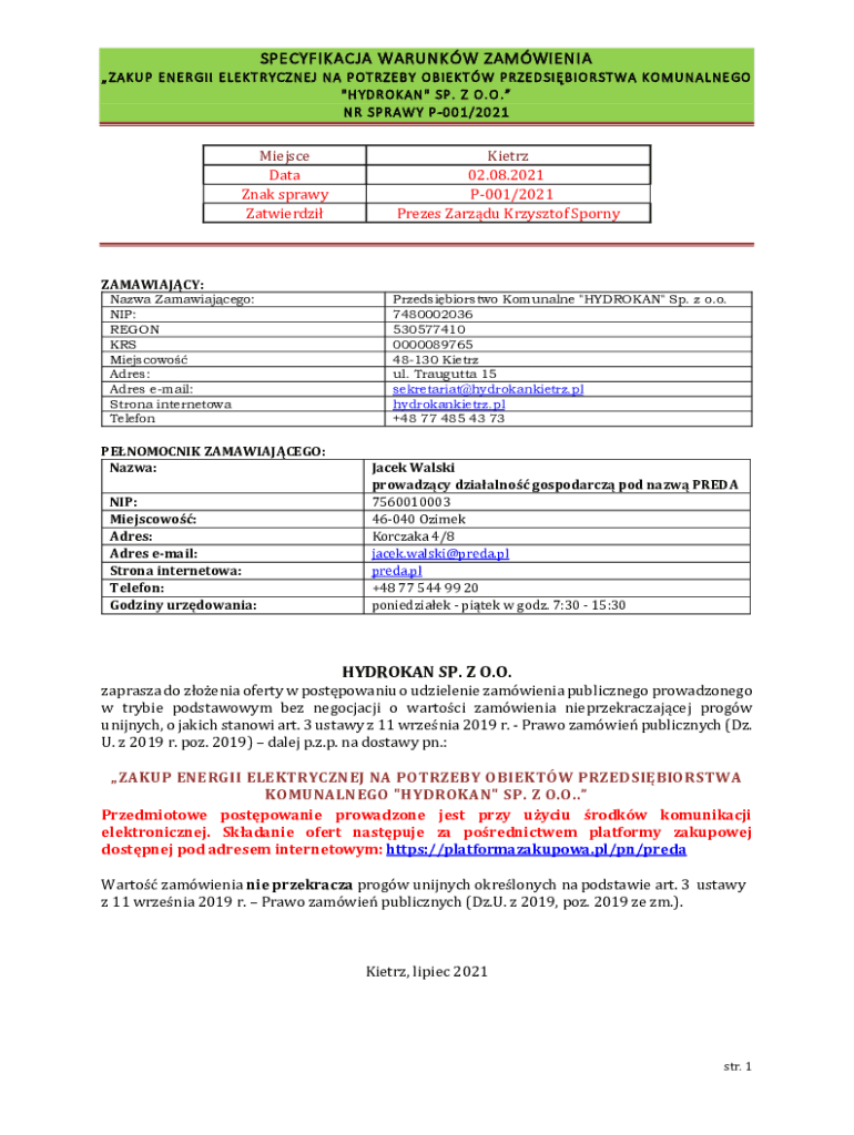 Fillable Online SPECYFIKACJA WARUNKW ZAMWIENIA HYDROKAN SP ... Fax Email Print - pdfFiller