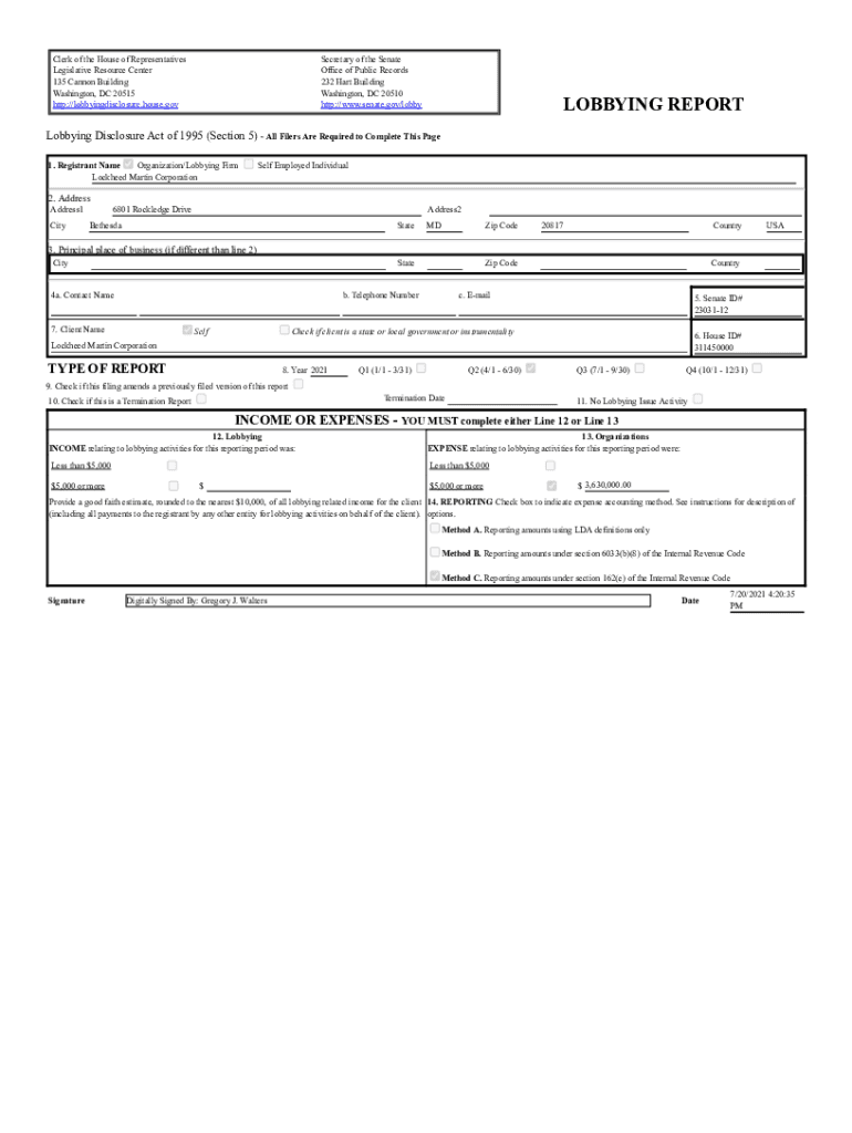 Fillable Online LOBBYING REPORT Lockheed Martin Fax Email Print - pdfFiller
