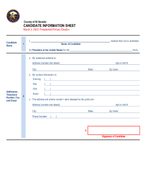 Fillable Online CANDIDATE INFORMATION SHEET - El Dorado County Fax Email Print - pdfFiller