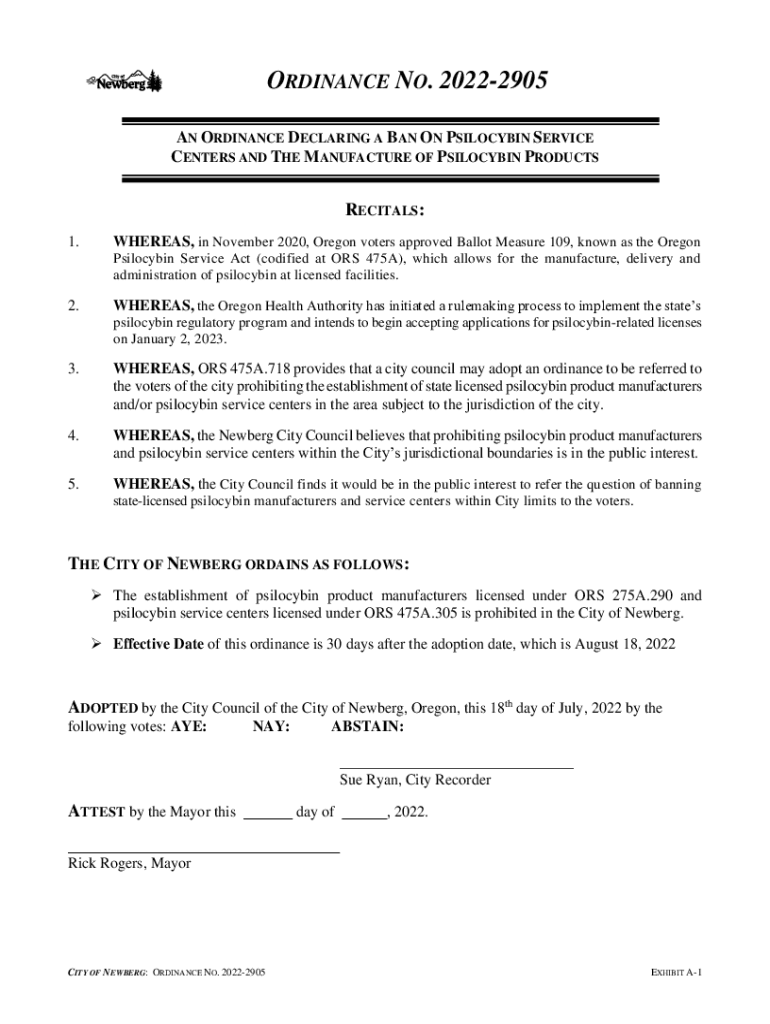 Fillable Online Ordinance Declaring a Ban on Psilocybin Service Centers ...