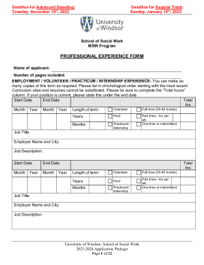 Fillable Online PROFESSIONAL EXPERIENCE FORM - University of Windsor ...