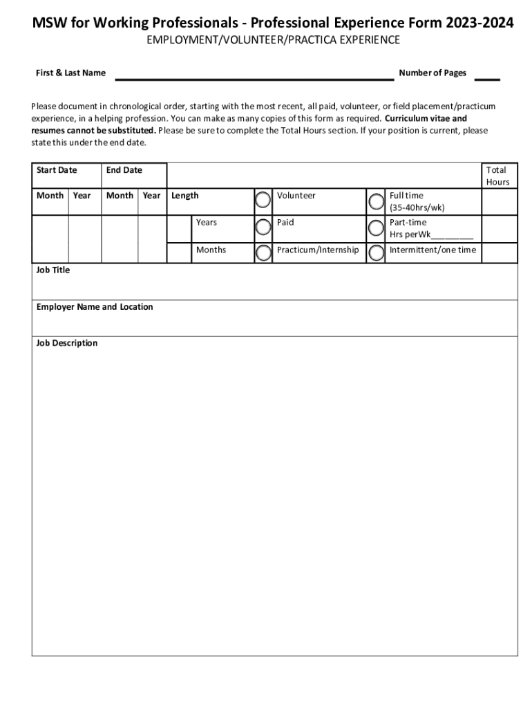 Fillable Online Professional Experience Form 2023-2024 Fax Email Print ...