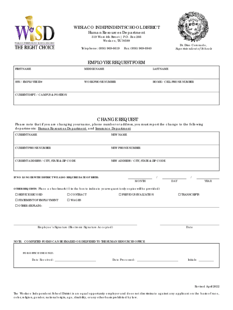 Fillable Online EMPLOYEE REQUEST FORM CHANGE REQUEST Fax Email Print - pdfFiller