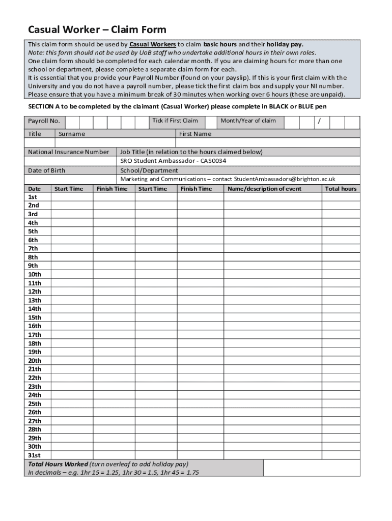 Fillable Online Claim Form - Casual Worker Fax Email Print - pdfFiller