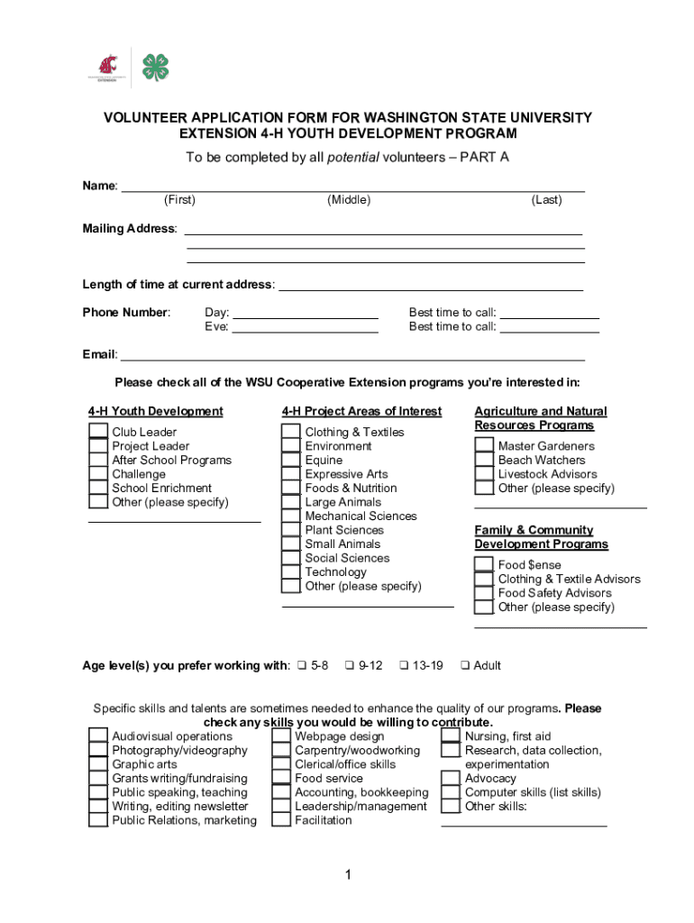 Fillable Online 4-H Youth Development Volunteer Application Form - Wsu ...