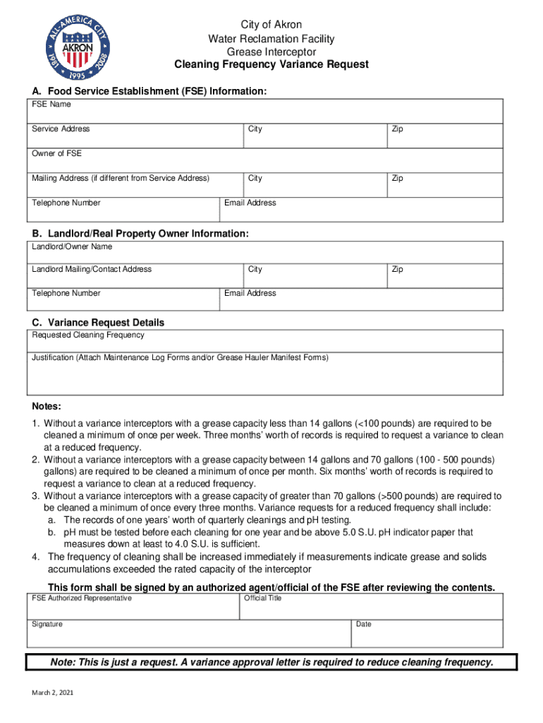 Fillable Online Grease Interceptor Cleaning Frequency Variance Request ...