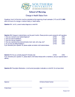 Fillable Online Free fillable School of Nursing Change in Health Status ...