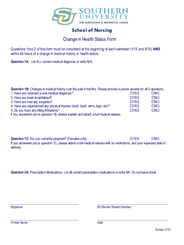 Fillable Online Free fillable School of Nursing Change in Health Status ...