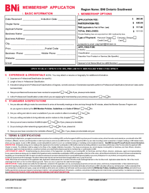 Fillable Online MEMBERSHIP APPLICATION - BNI Ontario Southwest, Canada ...
