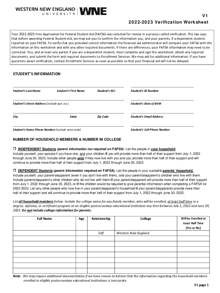 Fillable Online www1 wne V1 Verification Worksheet 20222023 Fax Email ...