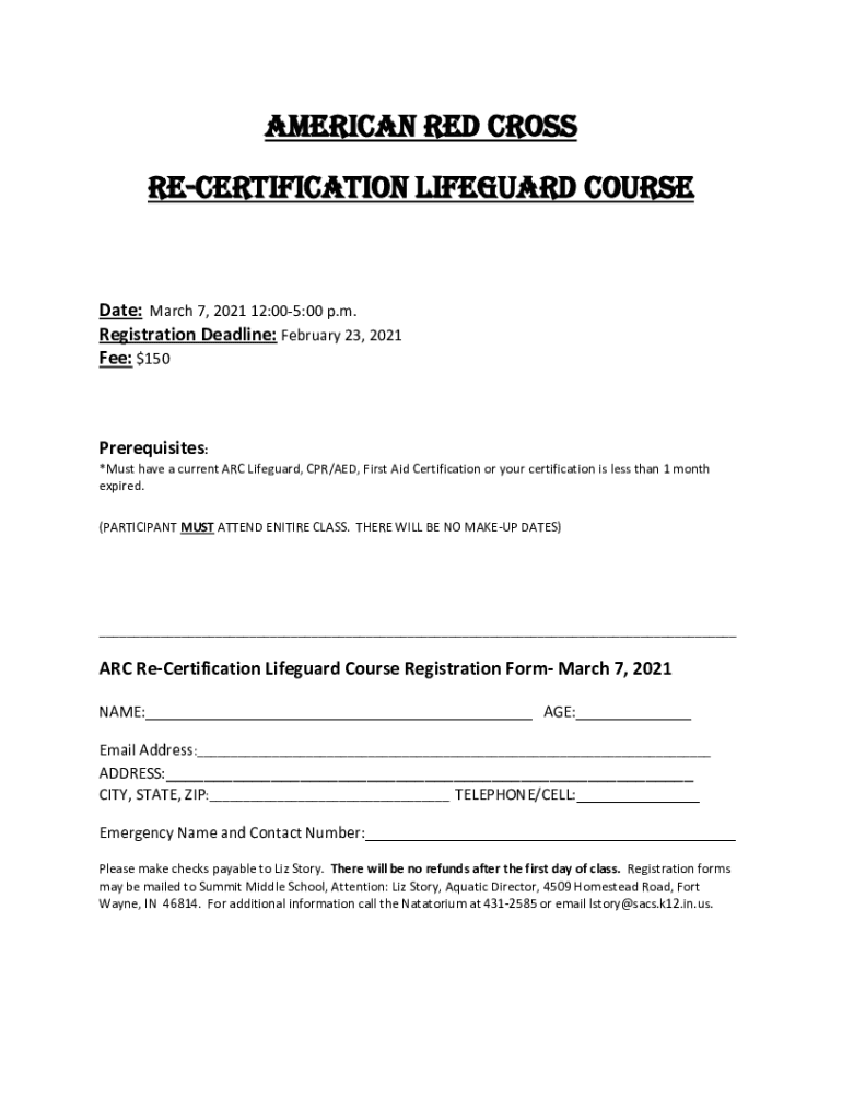 Fillable Online AmericAn red cross re-certificAtion LifeguArd course ...