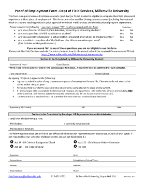 Fillable Online Proof of Employment Form -Dept of Field Services, Millersville ... Fax Email ...