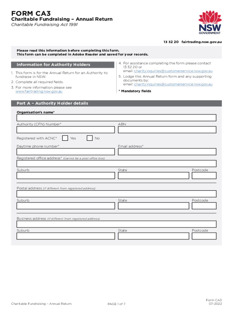 Fillable Online FORM CA3 - Charitable FundraisingAnnual Return. use this form for the Annual ...