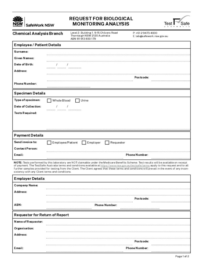 Fillable Online Request for biological monitoring analysis. Use this form to request for ...