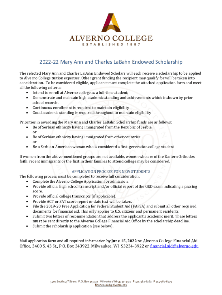 Fillable Online 2022-22 Mary Ann and Charles LaBahn Endowed Scholarship ...