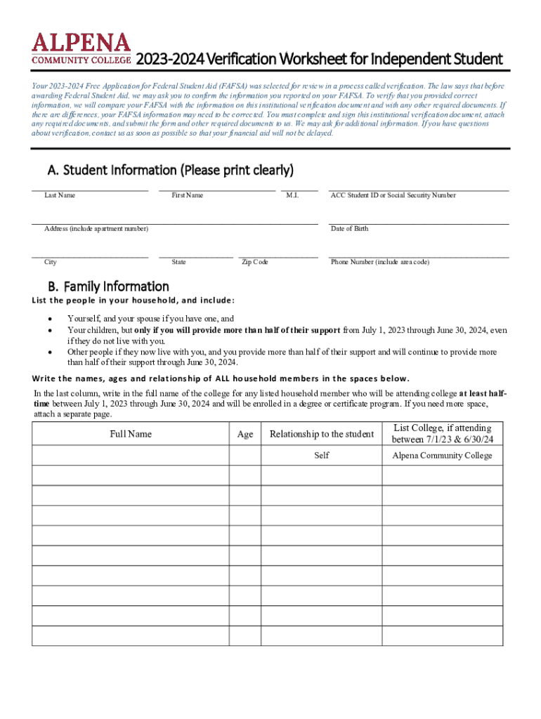 Fillable Online 2023-2024 Independent Verification Worksheet Federal ... Fax Email Print - pdfFiller