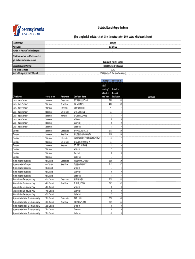 Fillable Online Statistical Sample Reporting Form ... - Pa Department ...