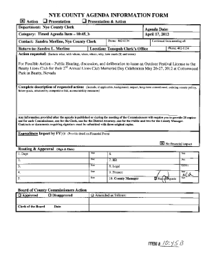 Fillable Online NYE COUNTY AGENDA INFORMATION FORM 0 Action X ... Fax ...