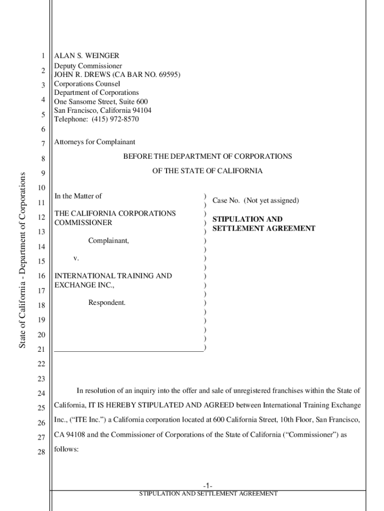 Fillable Online California Department of Corporations-Stipulation and ...