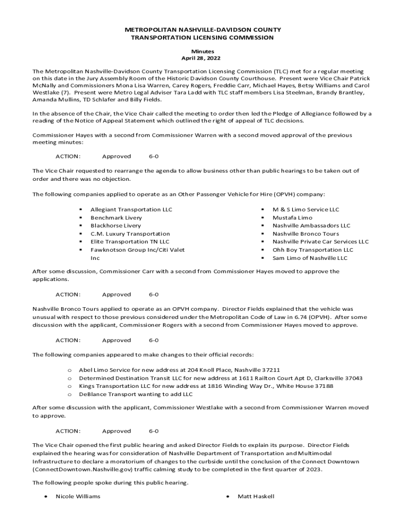 Fillable Online 08/18/22 Special Called Transportation Licensing ...