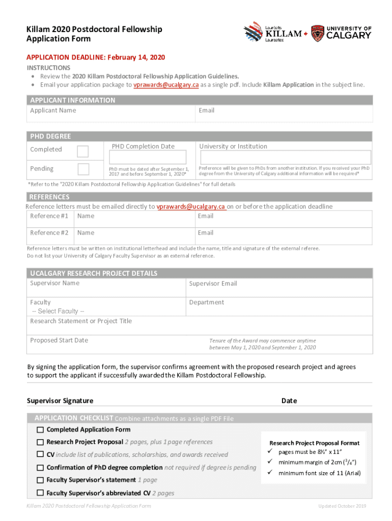 Fillable Online Killam 2020 Postdoctoral Fellowship Application Form ...