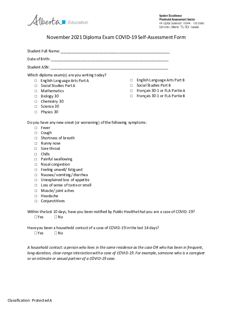 Fillable Online April 2022 Diploma Exam COVID-19 Self-Assessment Form ...