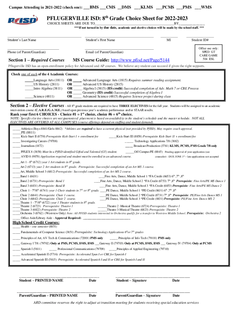 Fillable Online 8th Grade Choice Sheet for 2022-2023 - Pflugerville ISD ...