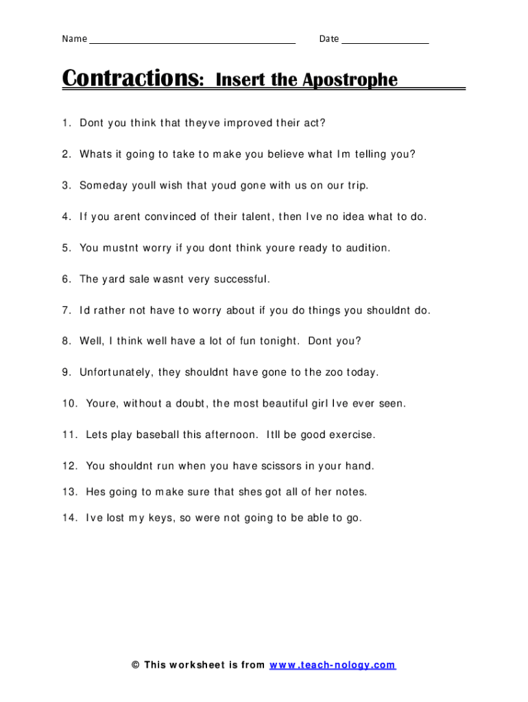 Fillable Online Insert the Apostrophe. Using Contractions in Sentences ...