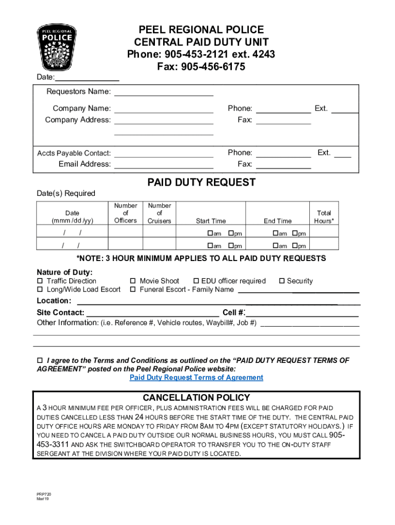 Fillable Online 905-456-6175 PAID DUTY REQUEST - Peel Regional Police ...