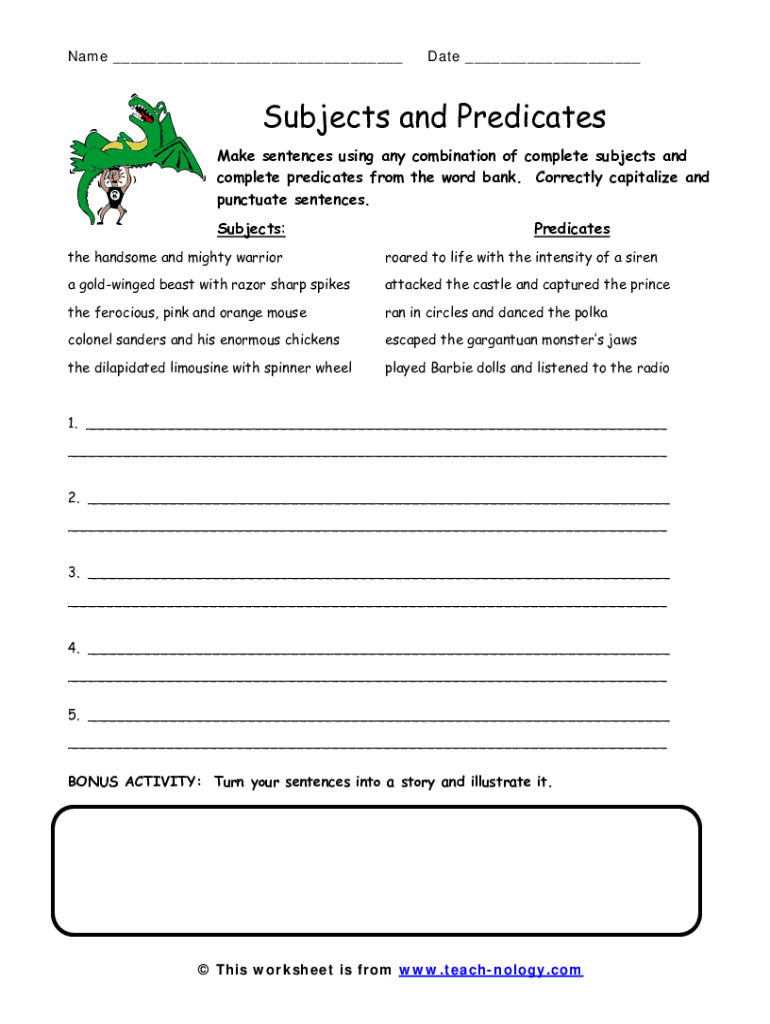 Fillable Online Identifying Subjects and Predicates With Printable ...