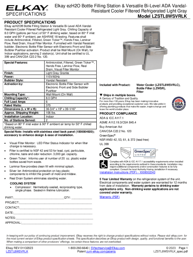 Fillable Online Elkay ezH2O Bottle Filling Station & Versatile Bi-Level ADA VandalResistant ...