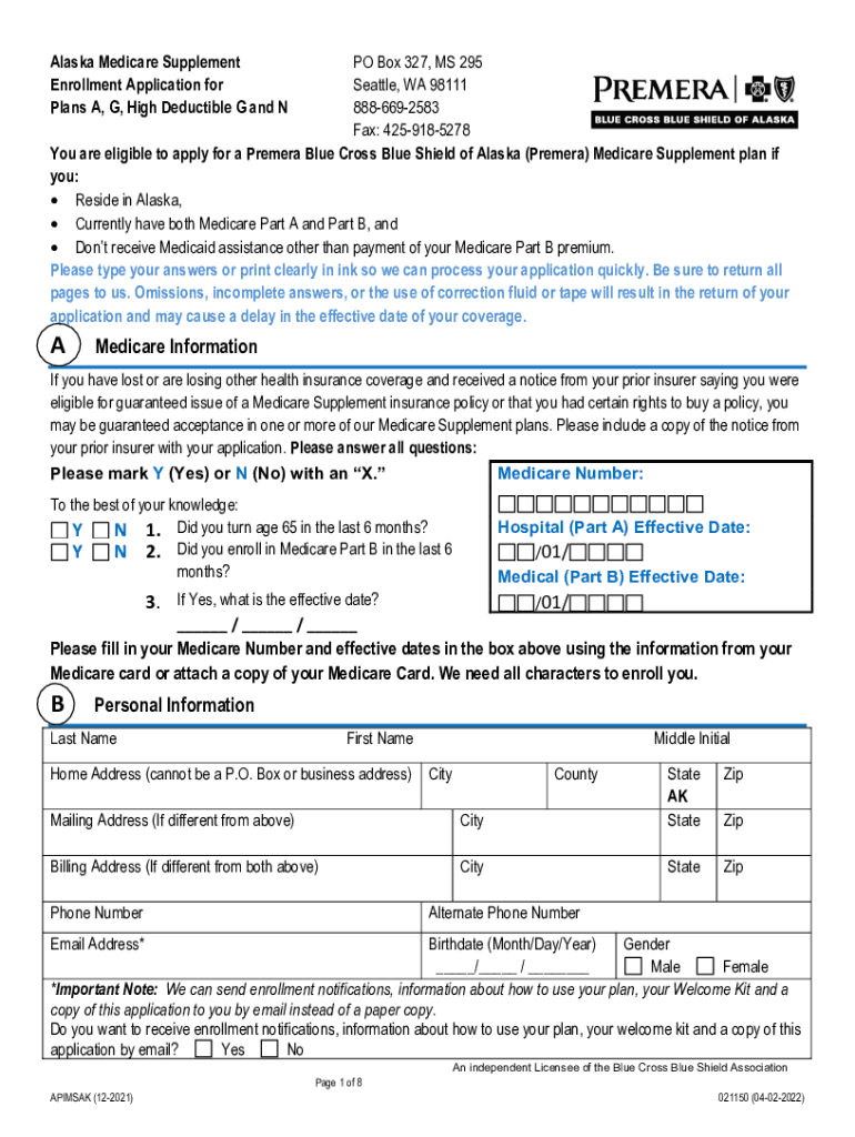 Fillable Online Alaska Medicare Supplement Enrollment Application for Plans a, G, High ...