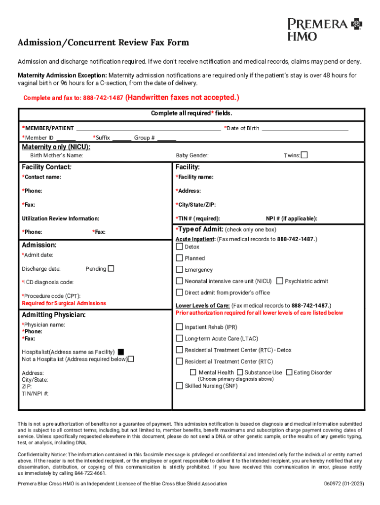 Fillable Online Admission Notification Form Premera HMO. Prior ...