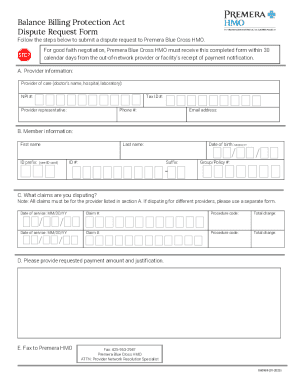Fillable Online Balance Billing Protection Act - Dispute Request Form Fax Email Print - pdfFiller