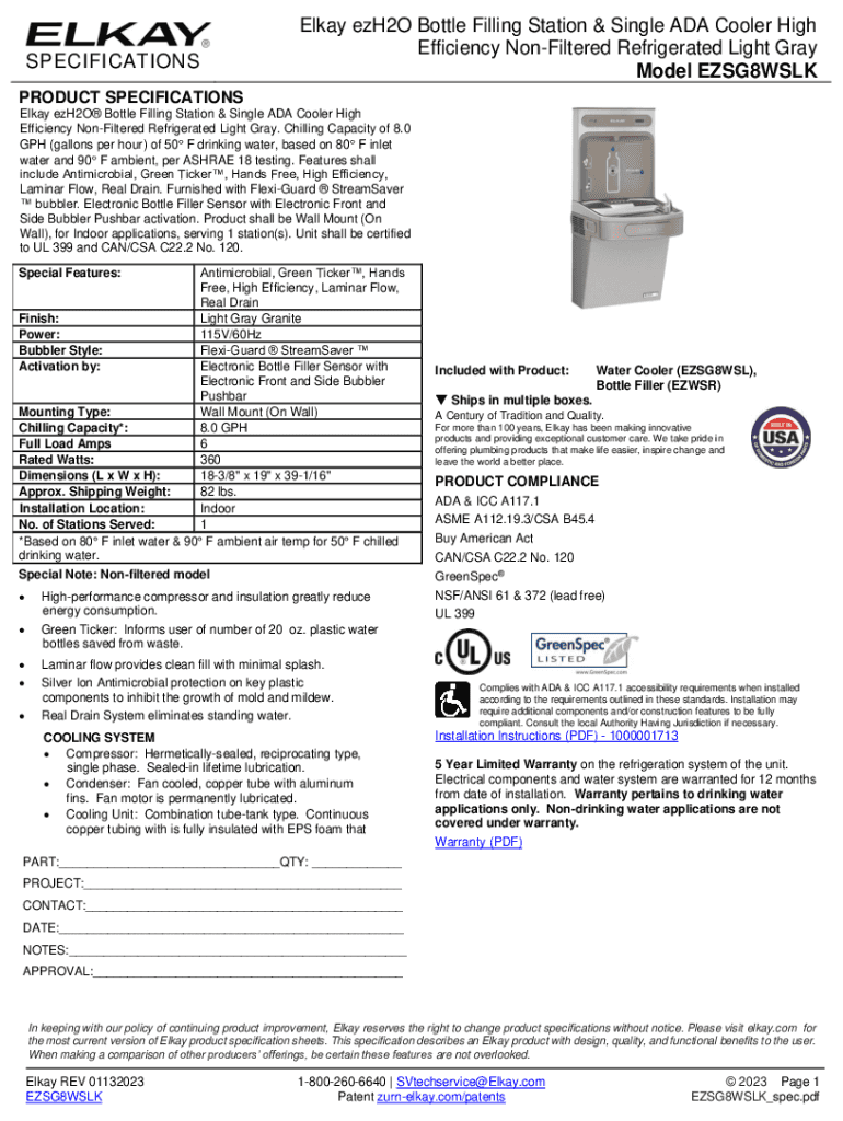 Fillable Online Elkay EZH2O Bottle Filler with No Bubbler Slim Profile ...