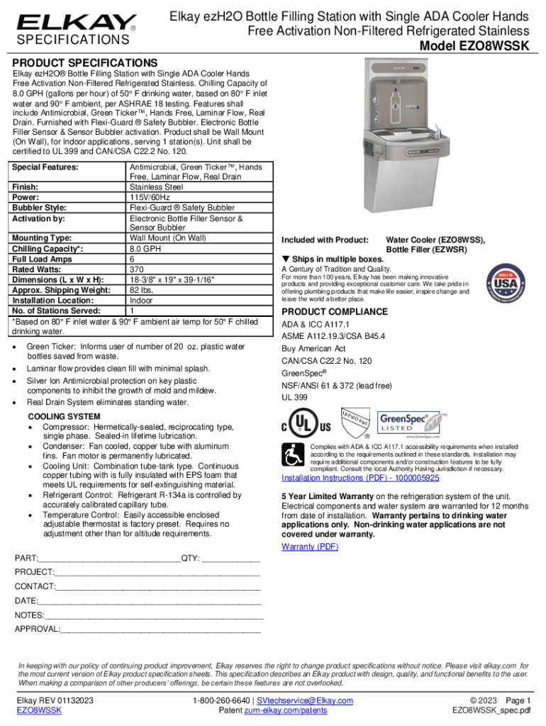 Fillable Online Elkay ezH2O Bottle Filling Station with Single ADA Cooler Hands Fax Email Print ...