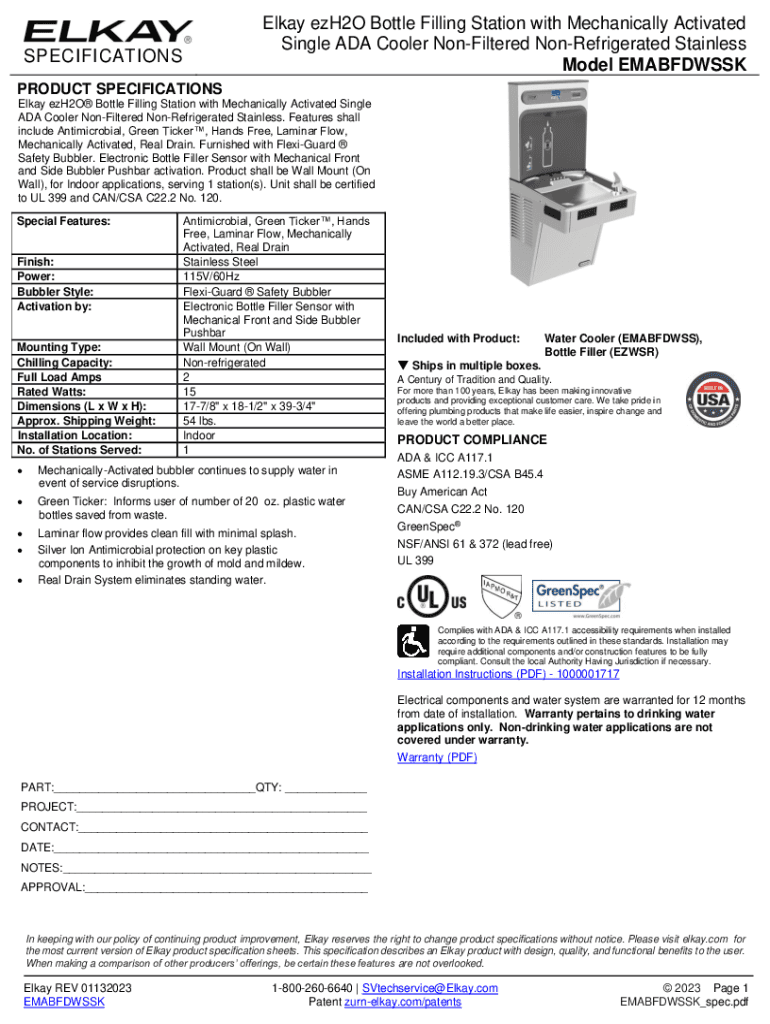 Fillable Online Elkay ezH2O Bottle Filling Station with Mechanically Activated ... Fax Email ...