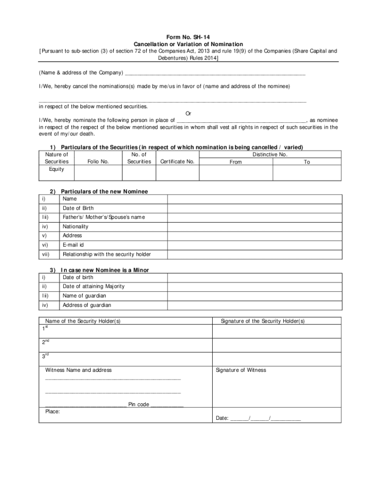 Fillable Online Form no. SH14 Cancellation or Variation of Nomination ...