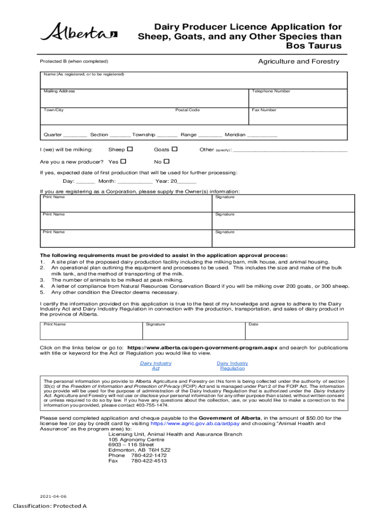Fillable Online Dairy Producer Licence Application for Sheep, Goats ...