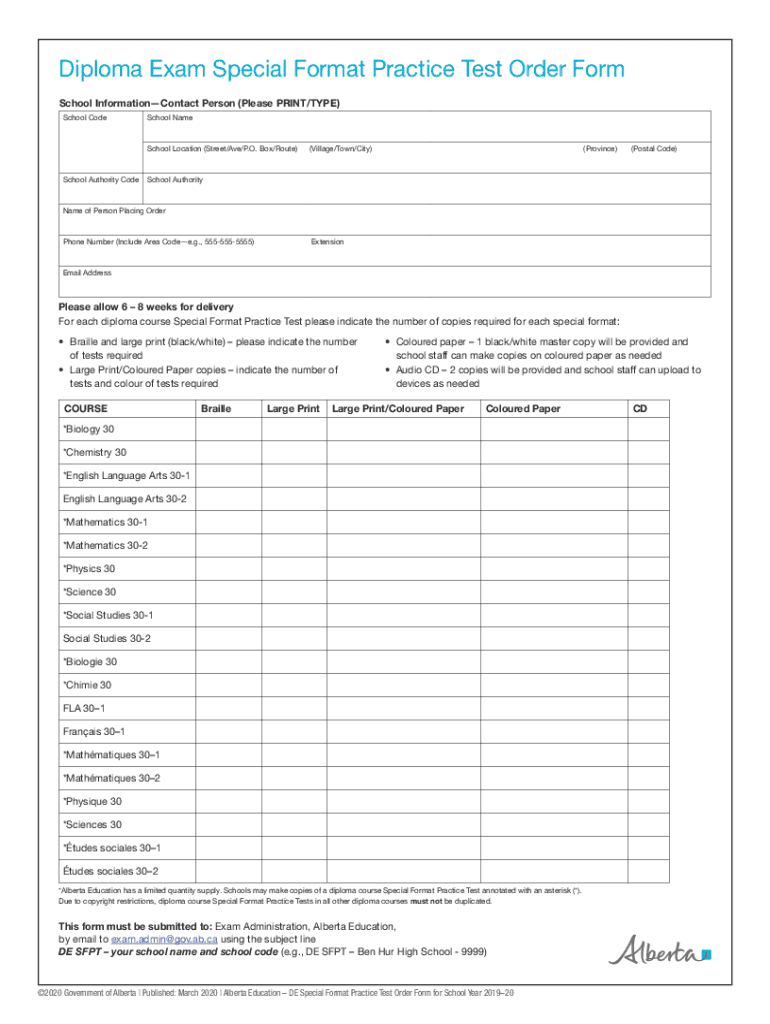 Fillable Online Diploma Exam Special Format Practice Test Order Form ...